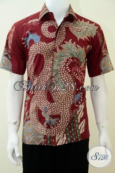 Baju Kemeja Batik Tulis Motif Naga Warna Merah Ukuran M [LD2337T-M]